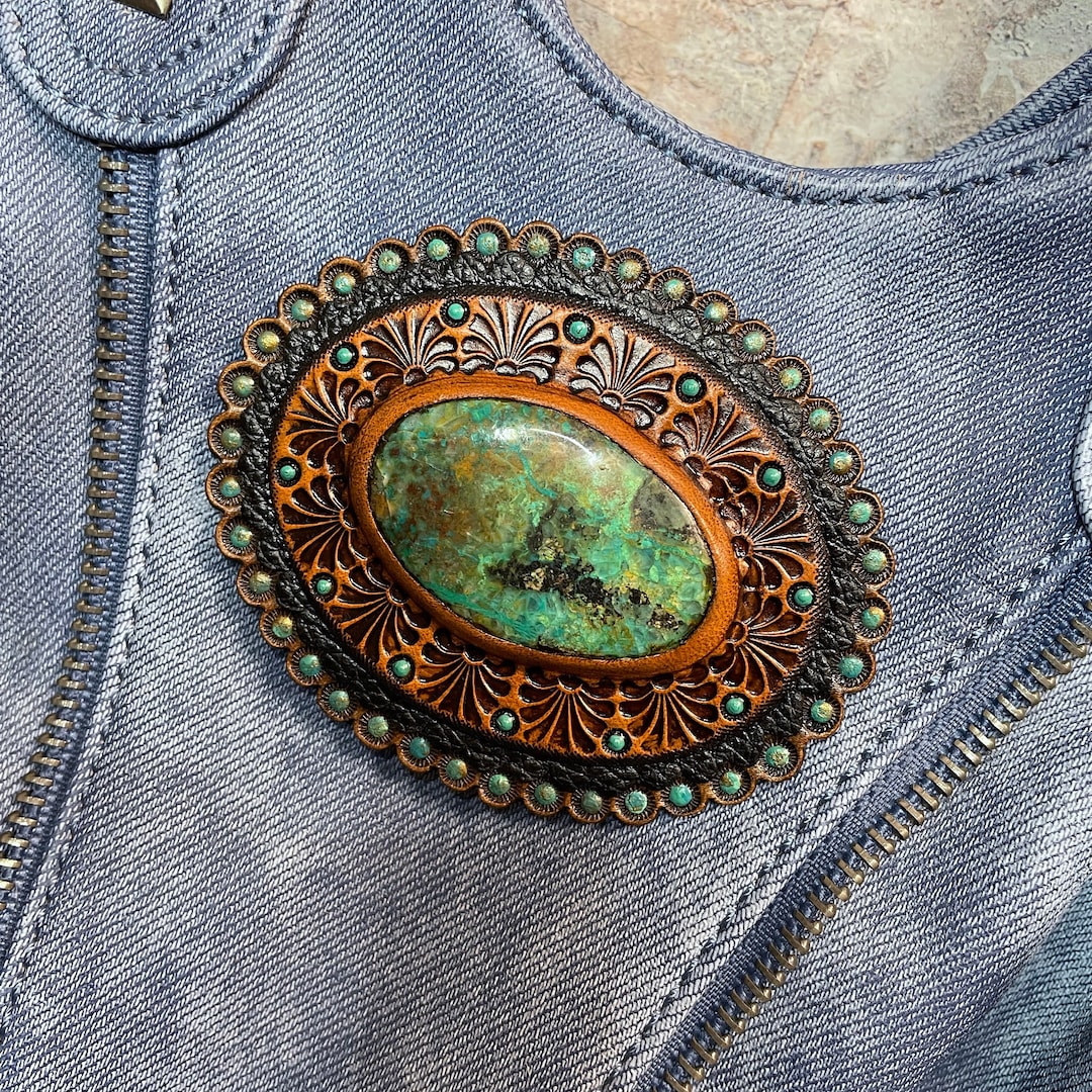 Hand Tooled Leather Concho With Chrysocolla Cabochon - Natural Gemstone ...