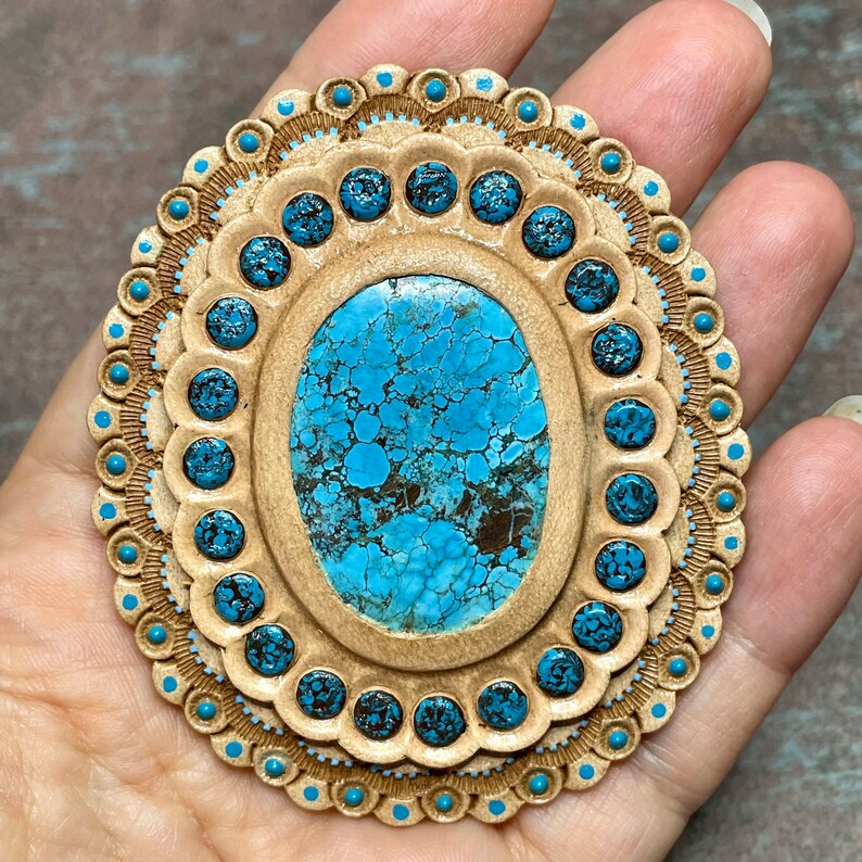 Hand Tooled Leather Conchos With Turquoise Natural Gemstone - Etsy