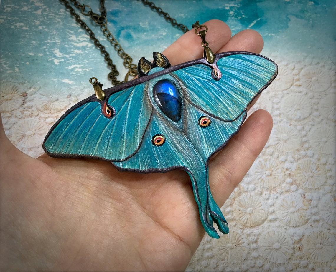 Fantasy Tooled Leather Luna Moth Necklace With Blue | Etsy