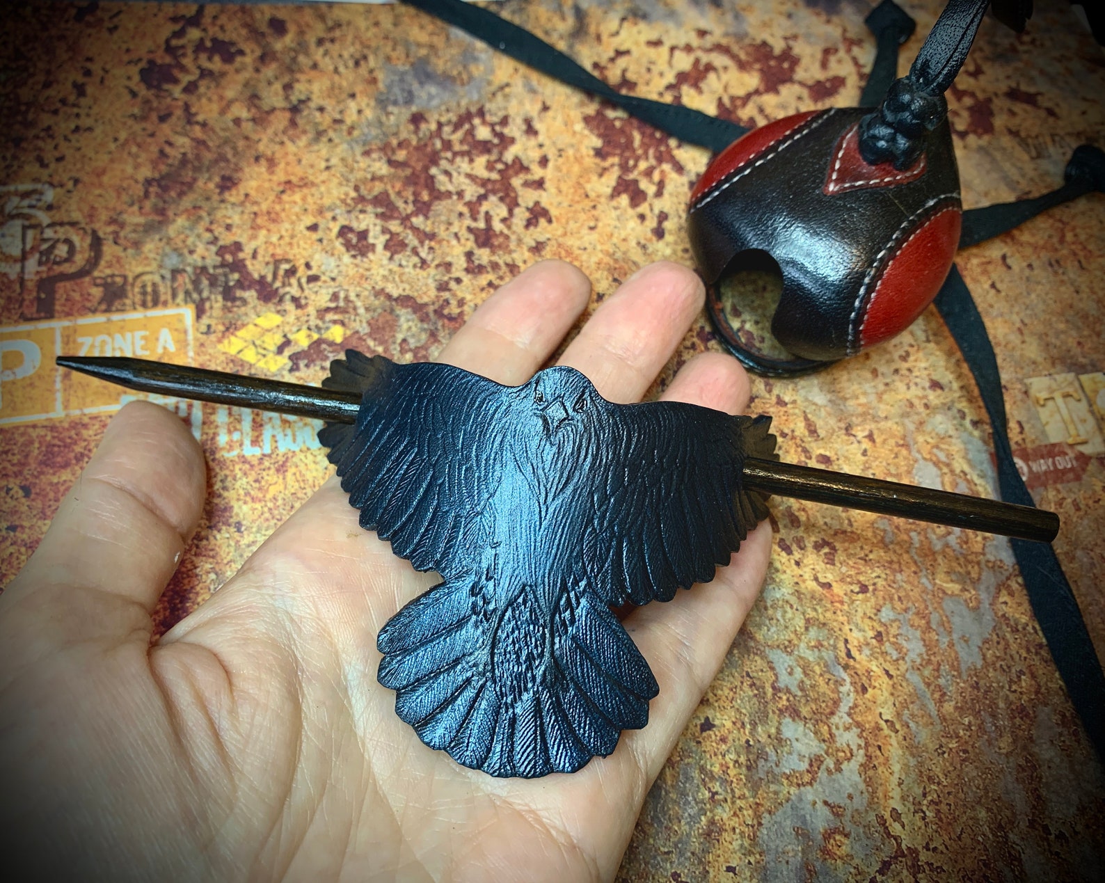 Tooled Leather Raven Shawl Pin or Hair Cuff Black Raven Scarf Accessory ...