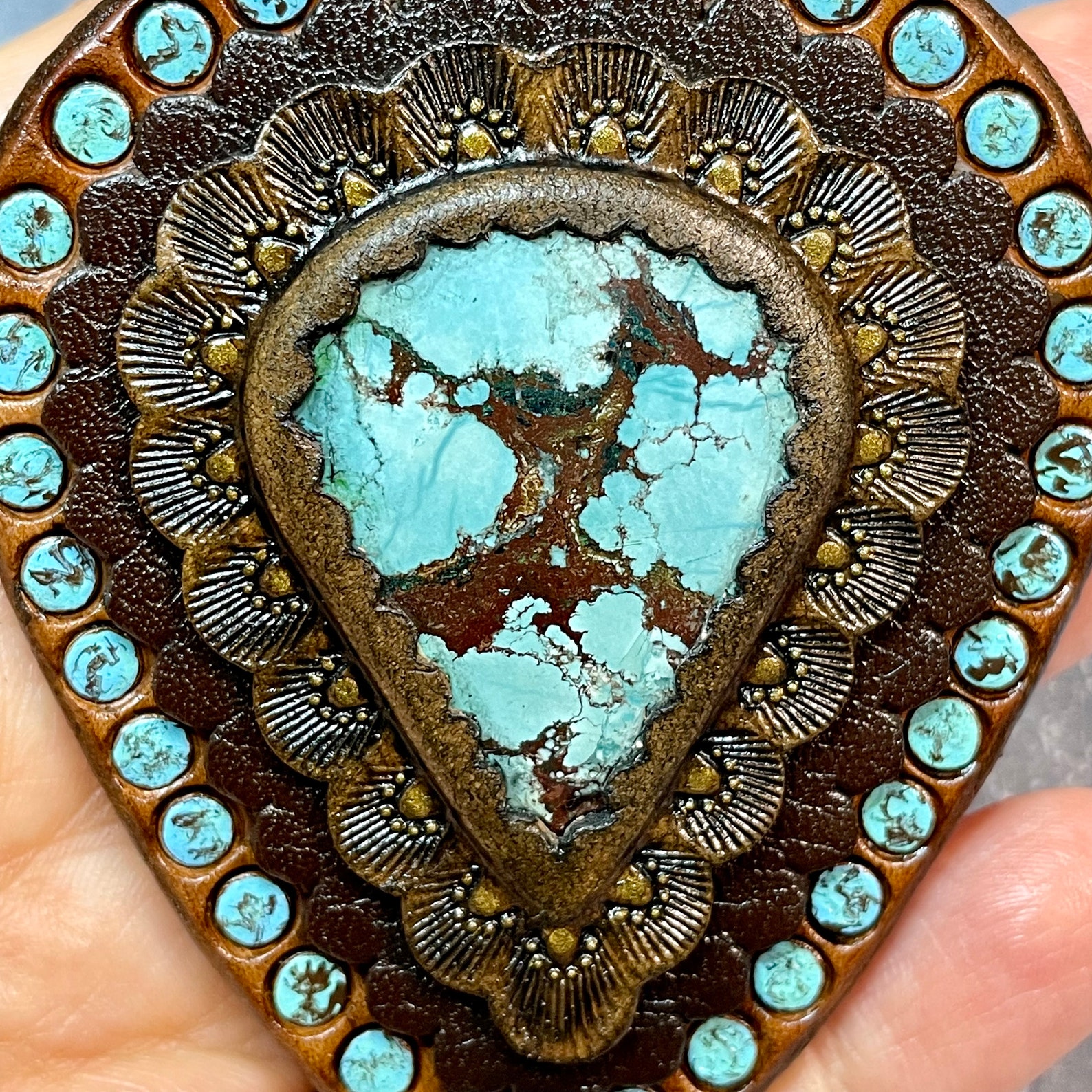 Hand Tooled Leather Concho With Turquoise Natural Gemstone - Etsy