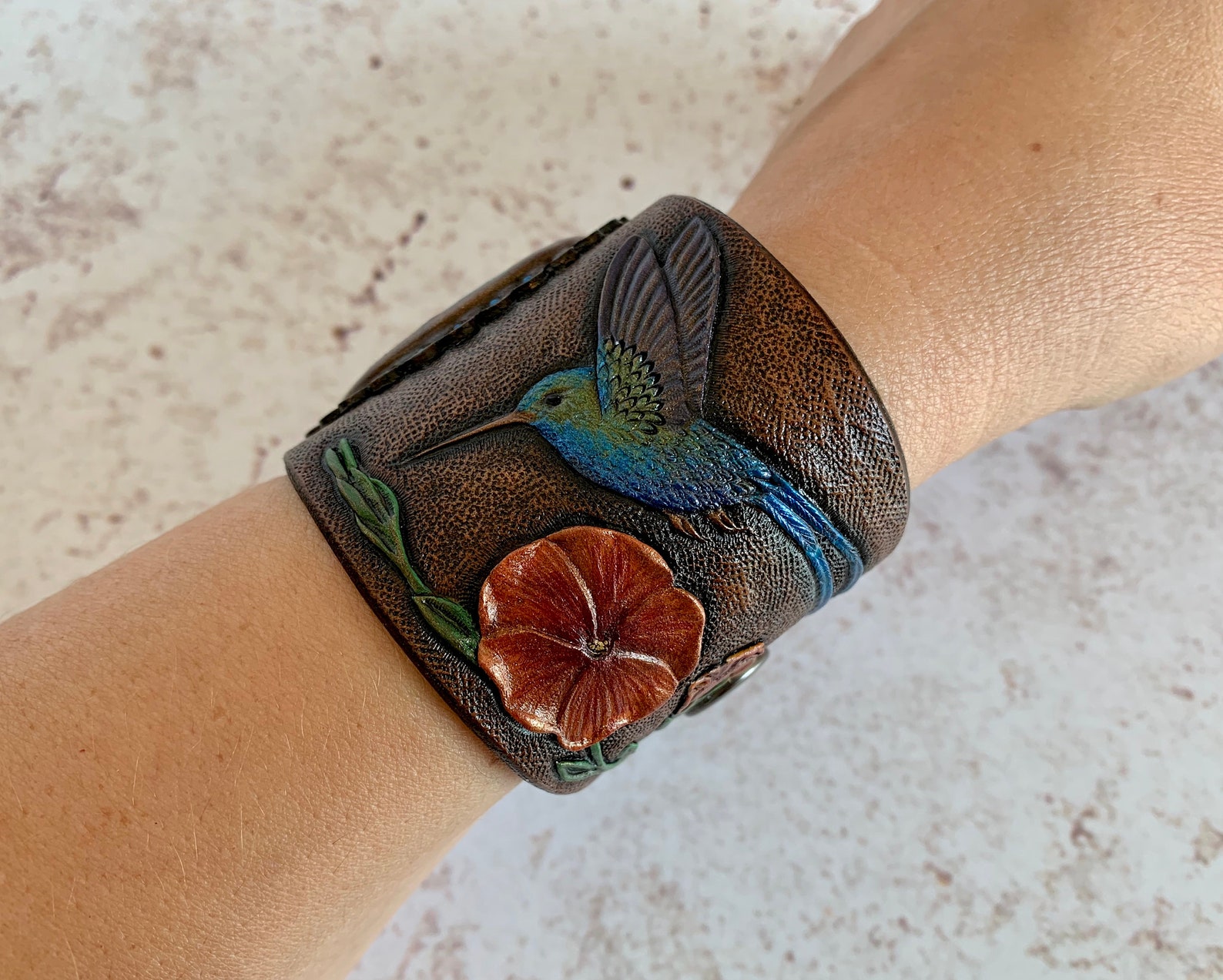 Tooled Leather Hummingbird Bracelet Hand Painted Leather | Etsy