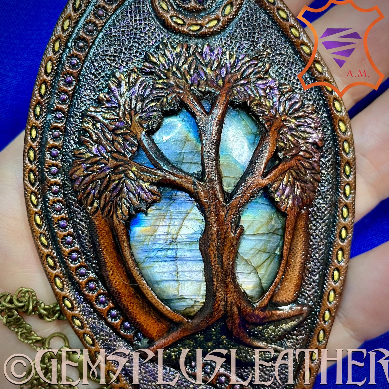 Hand Tooled Leather Tree of Life Pendant With Rainbow - Etsy