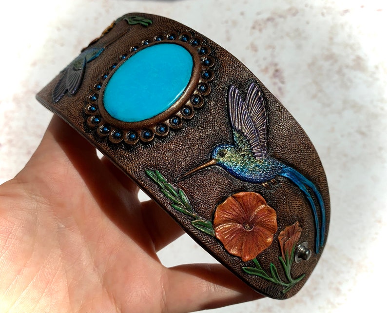 Tooled Leather Hummingbird Bracelet Hand Painted Leather | Etsy
