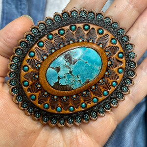 Hand Tooled Leather Concho With Turquoise Natural Gemstone - Etsy