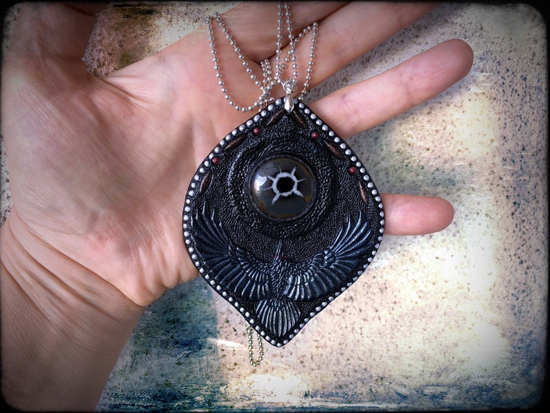 Hand Tooled Leather Raven Pendant With Fantastic Septarian & - Etsy