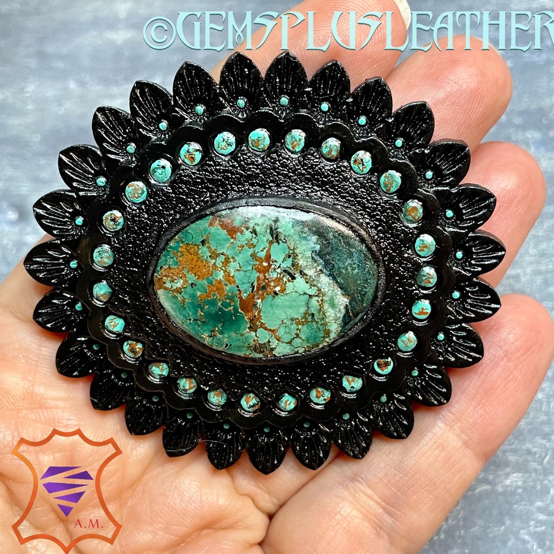 Hand Tooled Leather Concho With Turquoise Cabochon - Natural Gemstone ...