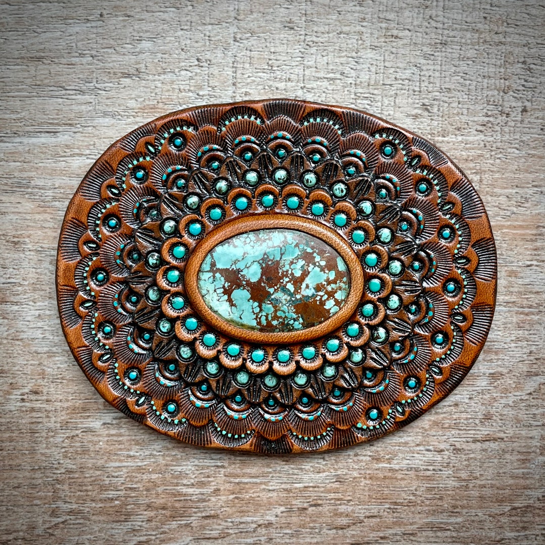 Tooled Leather Belt Buckle Face With Turquoise Cabochon - Art Supply ...