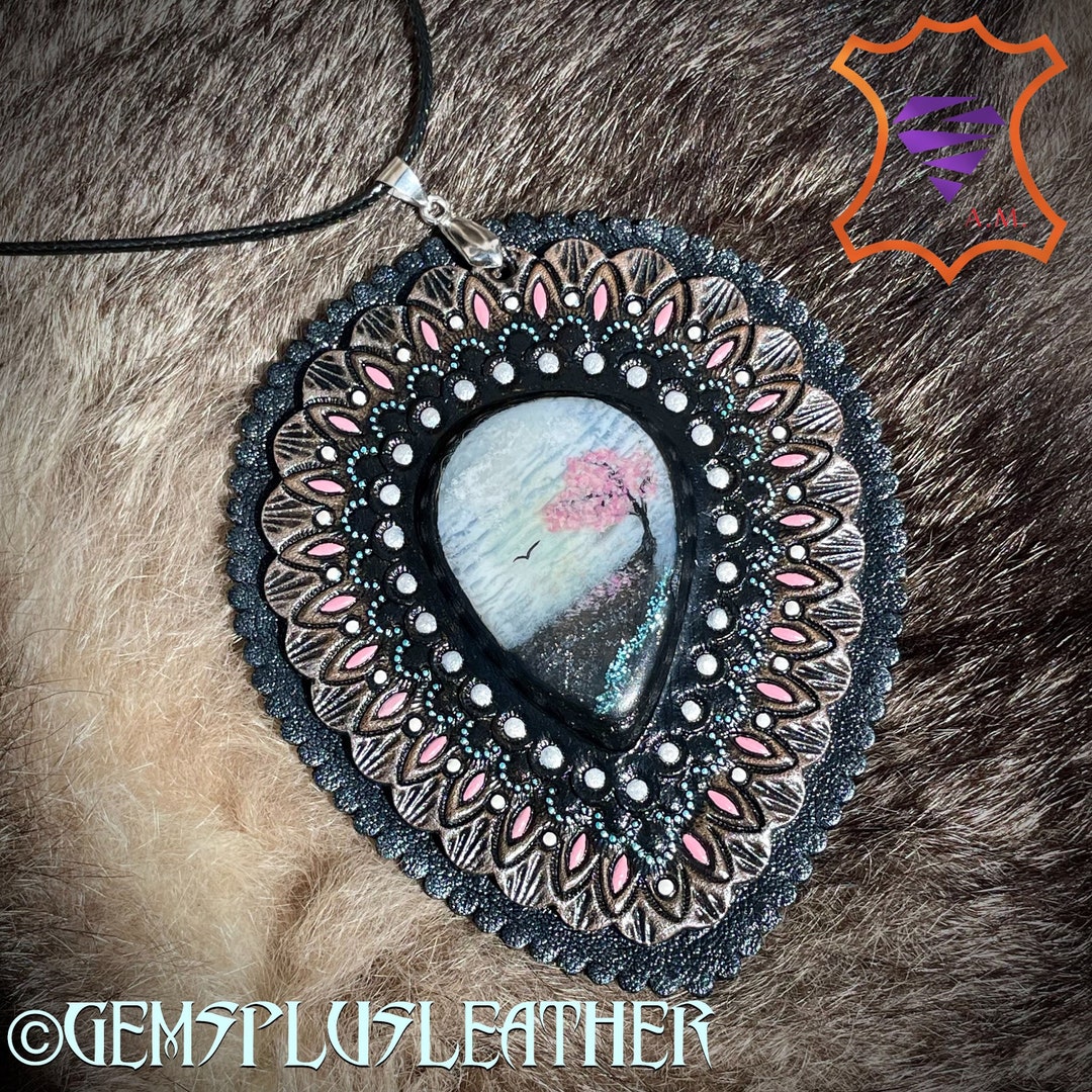Hand Tooled Leather Pendant / Concho Transformer With Blue Opal and ...