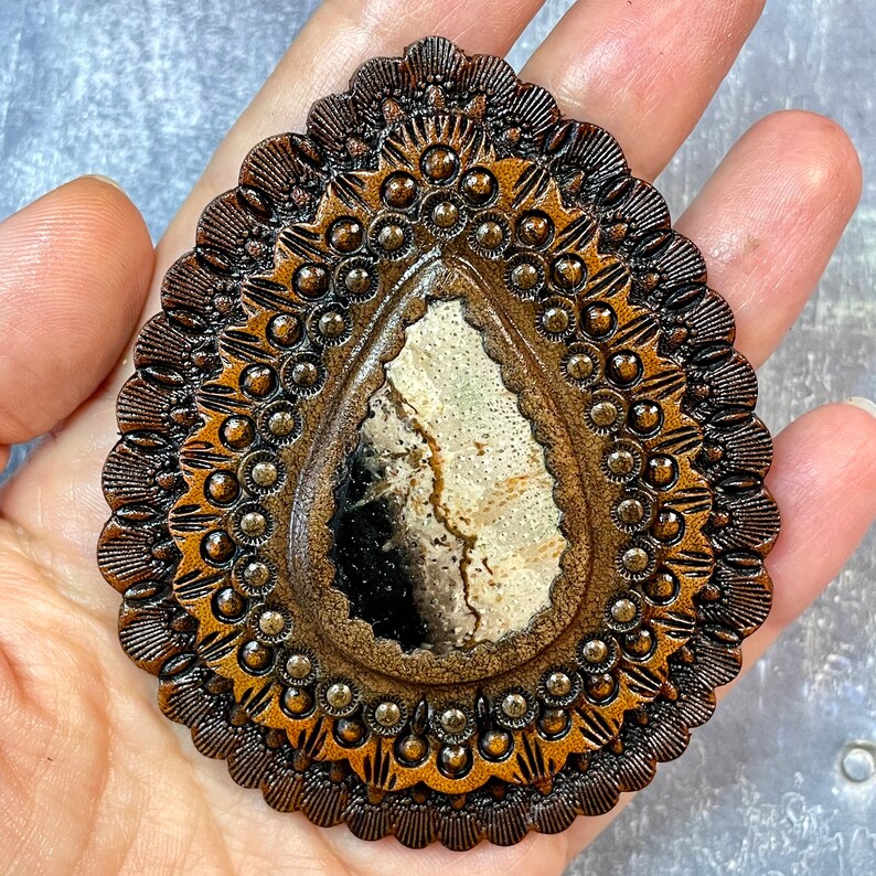 Hand Tooled Leather Concho With Petrified Wood Natural - Etsy
