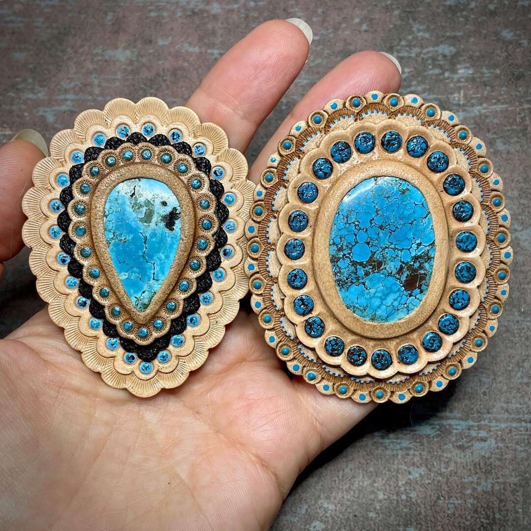 Hand Tooled Leather Conchos With Turquoise - Natural Gemstone Accessory ...