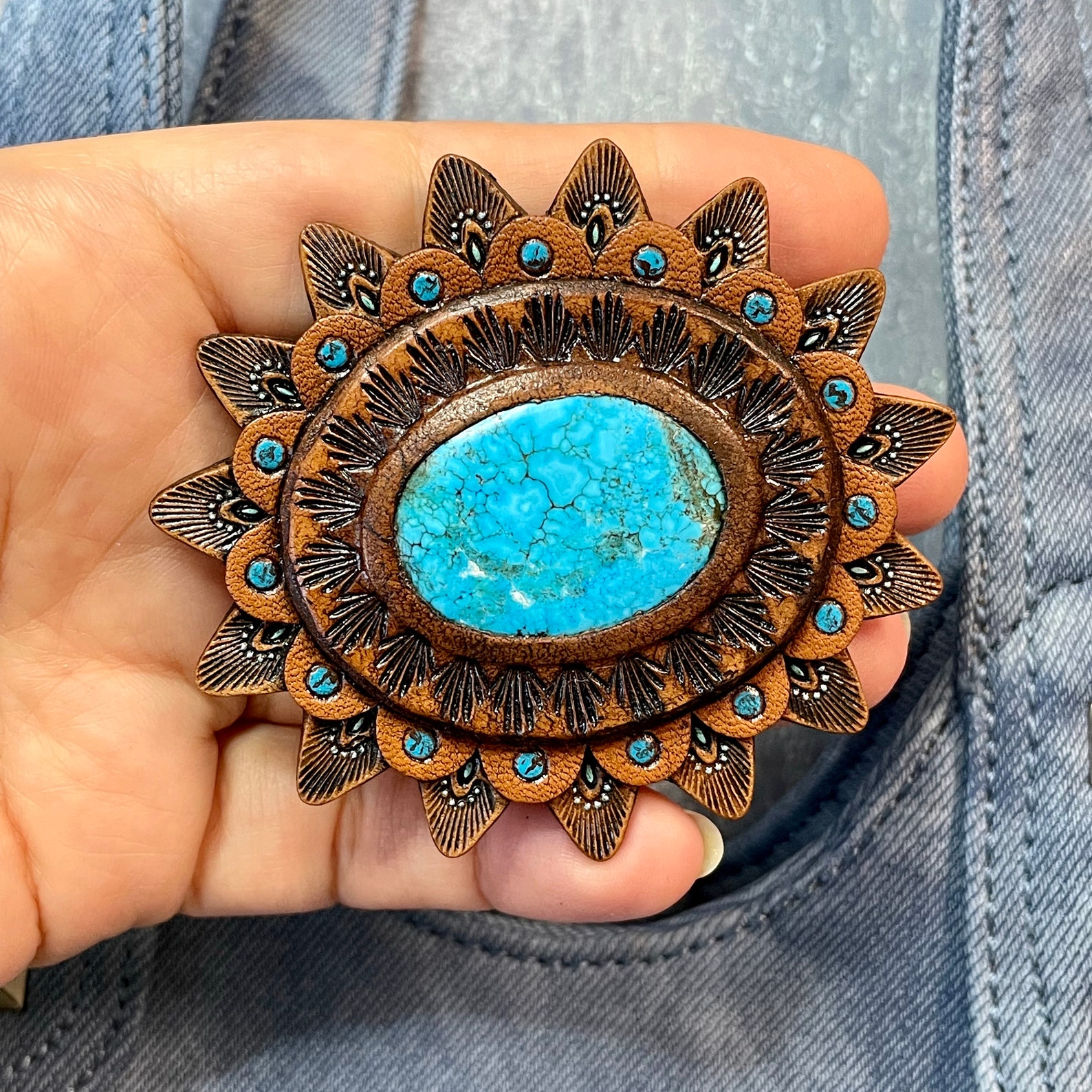 Hand Tooled Leather Concho With Turquoise Natural Gemstone - Etsy