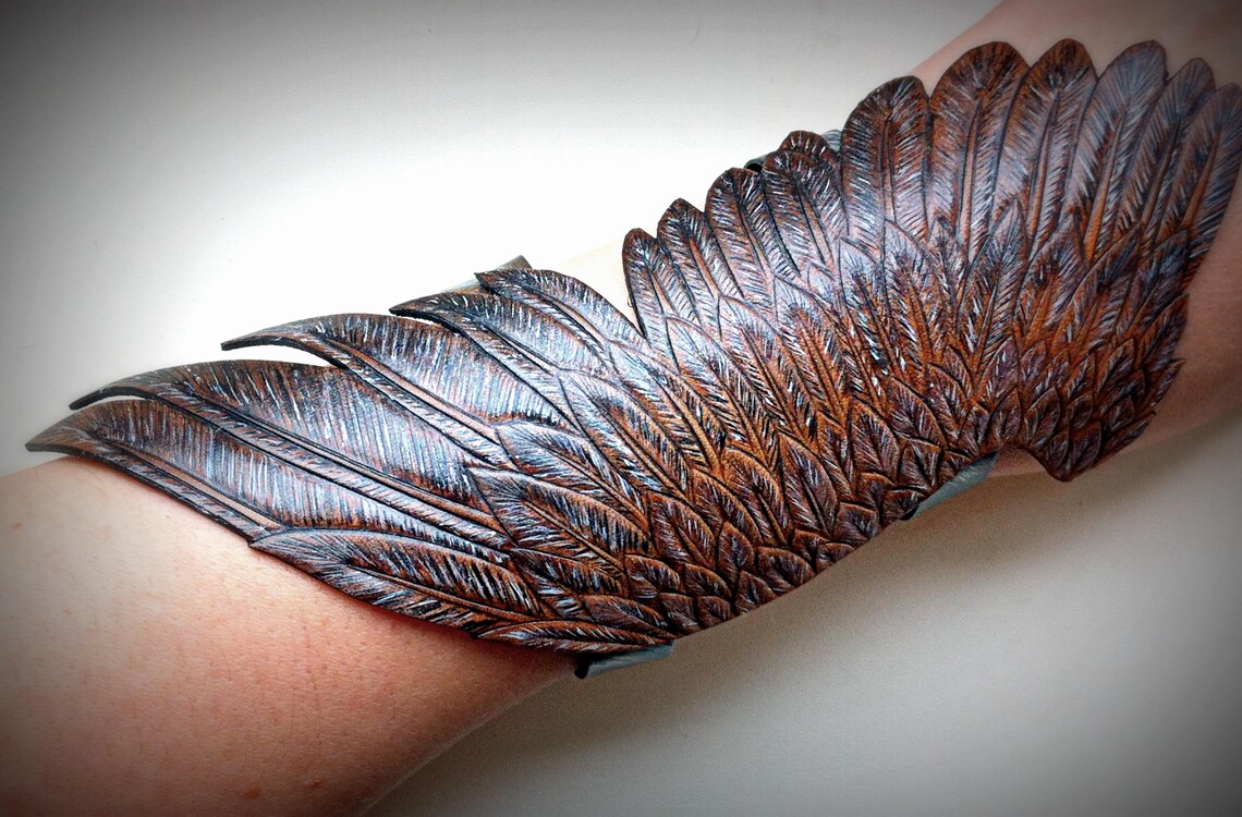 Tooled leather eagle wing cuff Hand tooled leather winged | Etsy