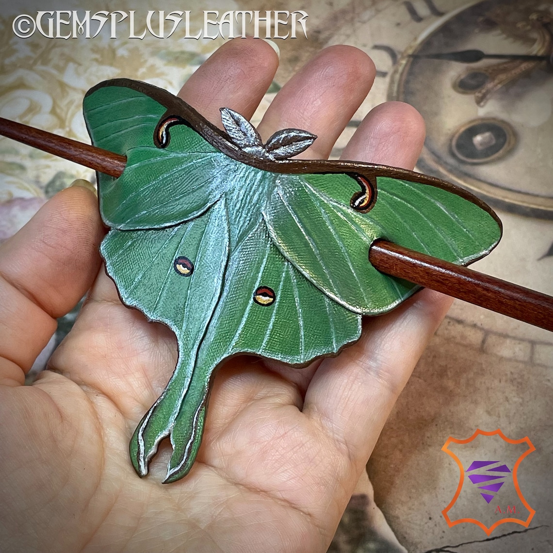 Tooled Leather Luna Moth Shawl Pin or Ponytail Cuff With Stick - Etsy