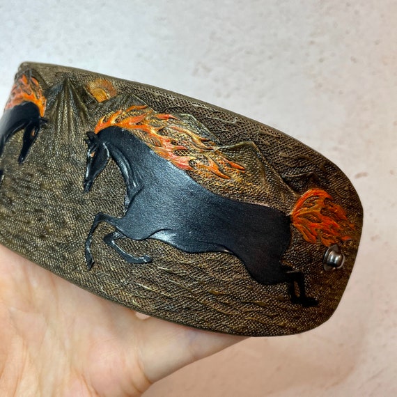 Tooled leather cuff bracelet with infernal horses Hand | Etsy