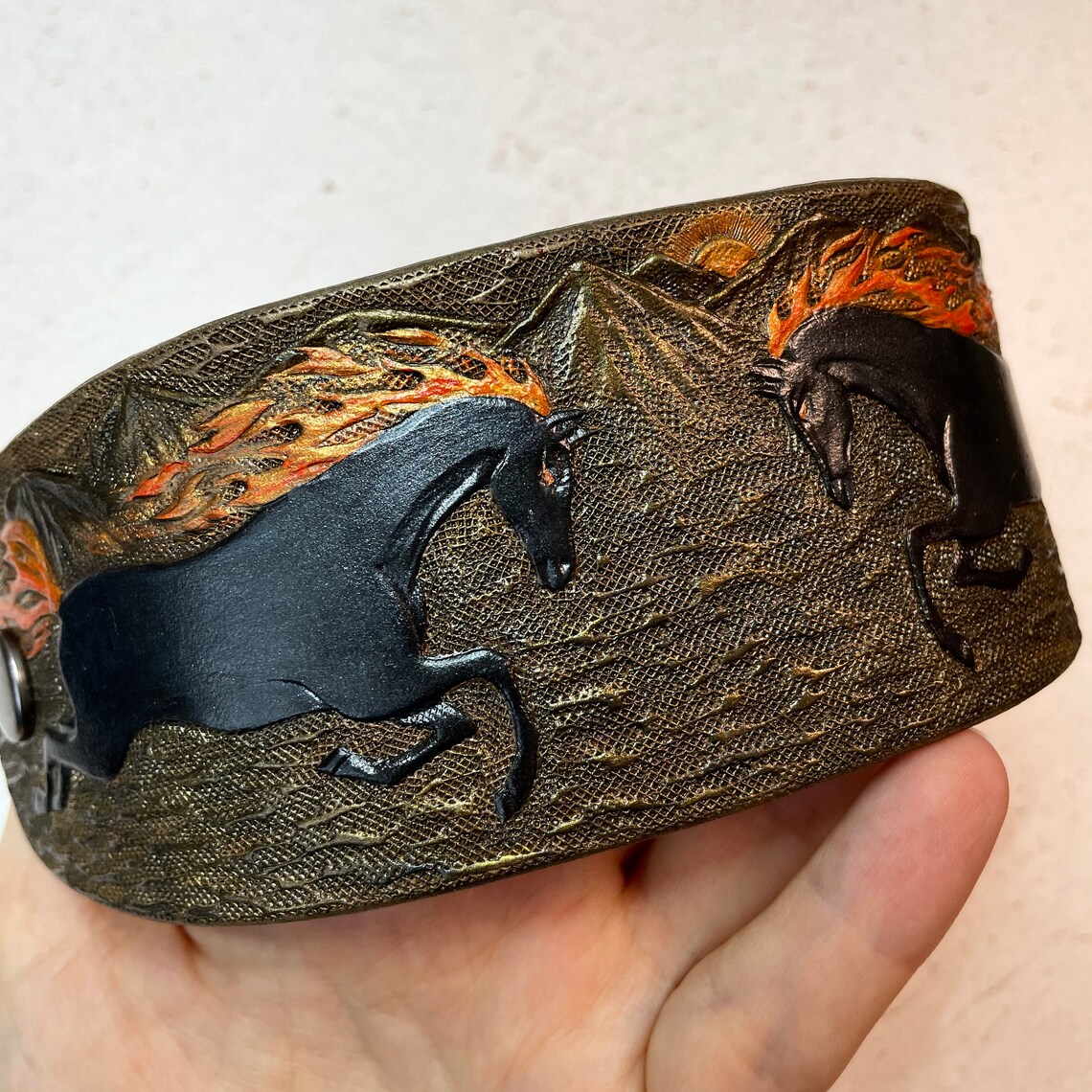 Tooled Leather Cuff Bracelet With Infernal Horses Hand - Etsy