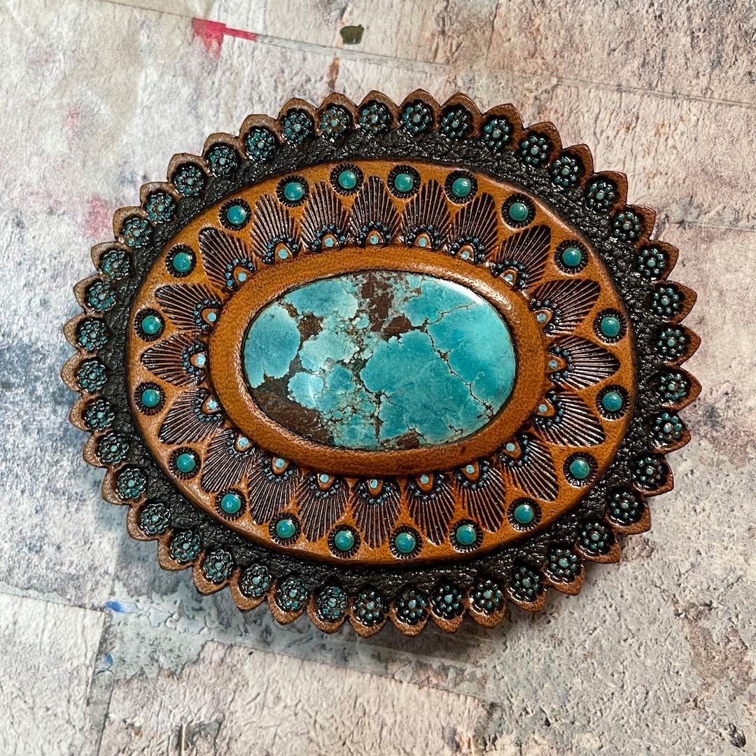 Hand Tooled Leather Concho With Turquoise Natural Gemstone - Etsy