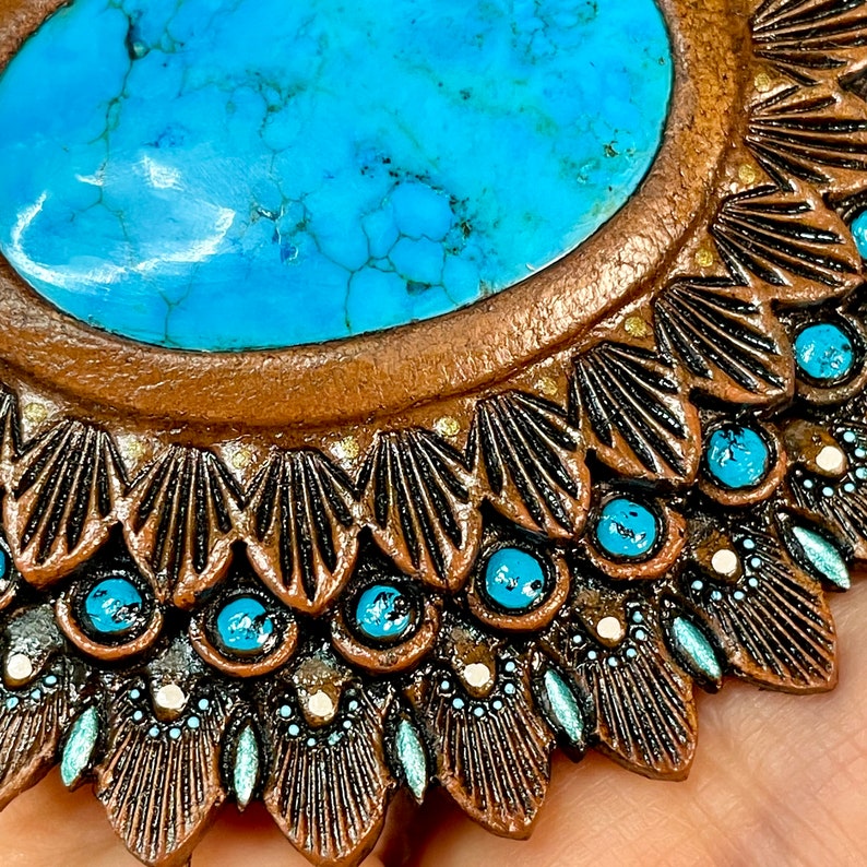 Hand Tooled Leather Concho With Turquoise Natural Gemstone - Etsy