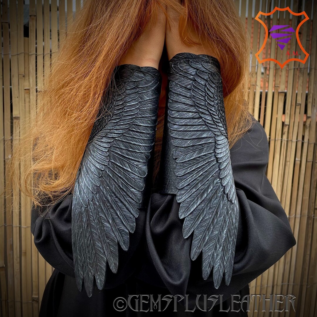 Hand Tooled Leather Raven Wing Bracers: Iridescent Cosplay Cuffs - Etsy