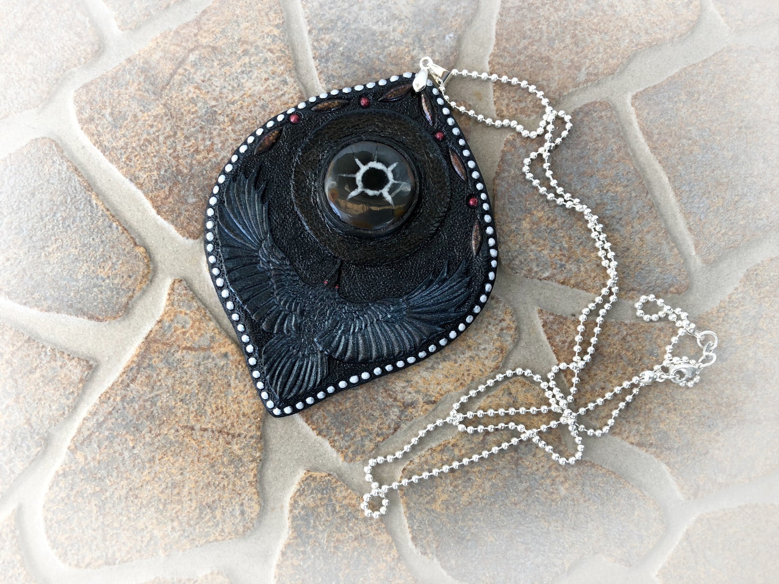 Hand Tooled Leather Raven Pendant With Fantastic Septarian & - Etsy