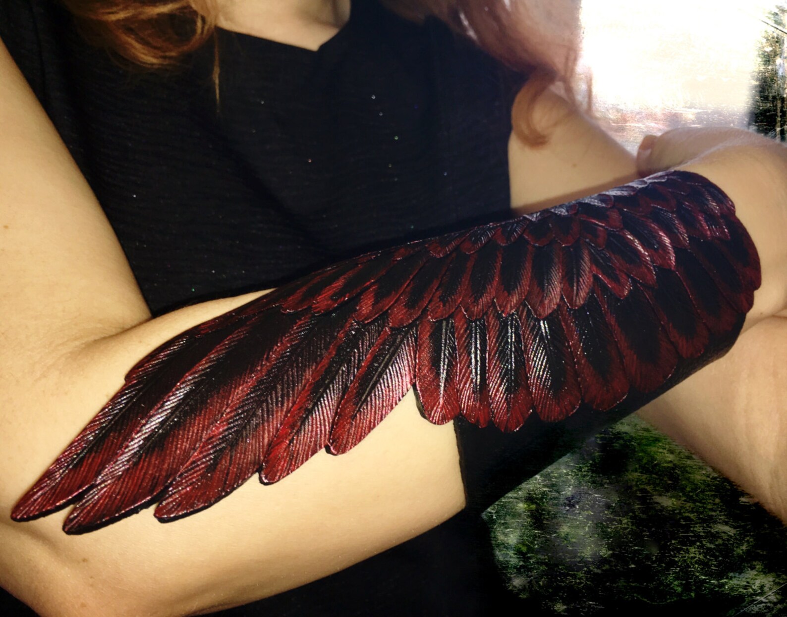 Tooled leather wing cuff with red iridescent sheen Tooled | Etsy