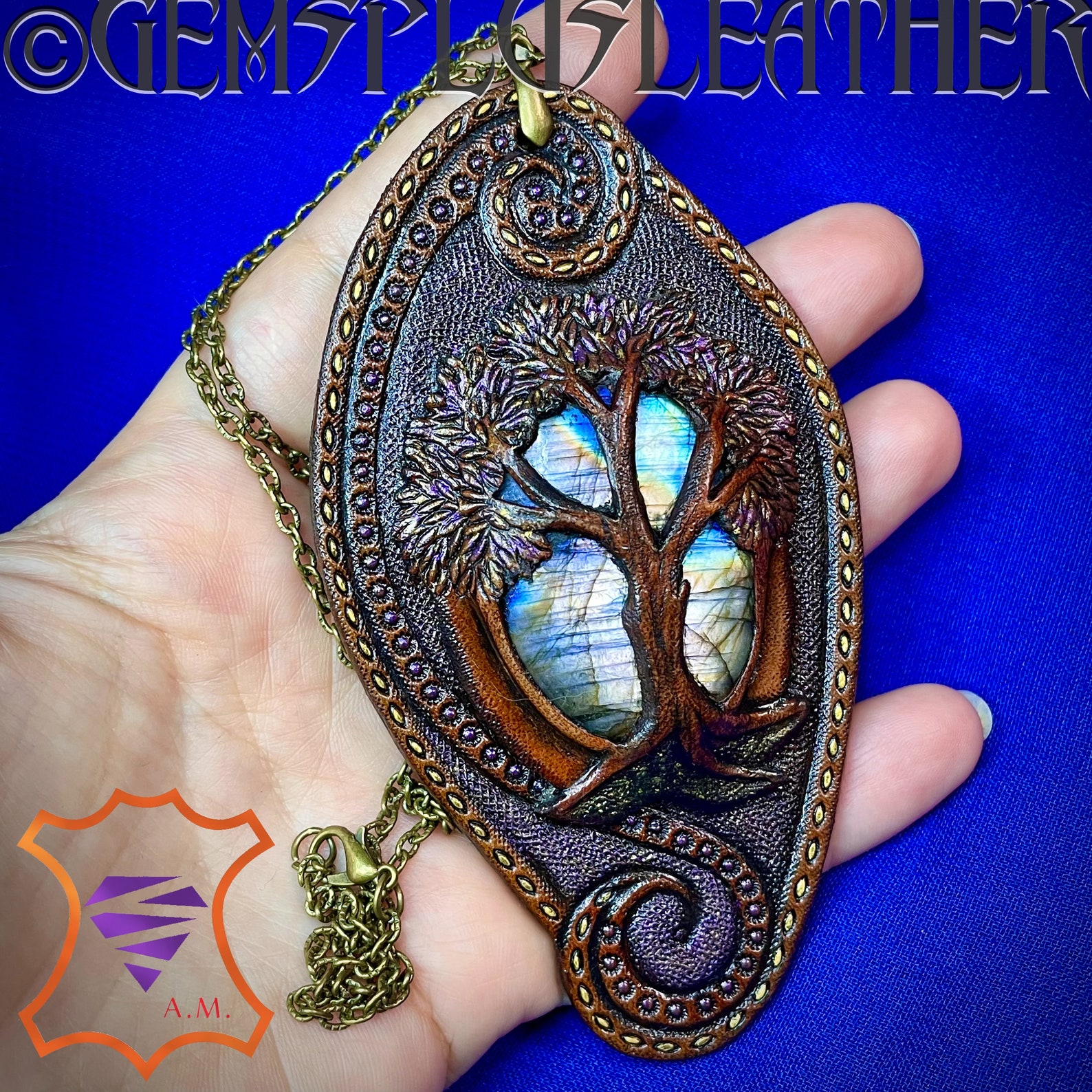 Hand Tooled Leather Tree of Life Pendant With Rainbow - Etsy