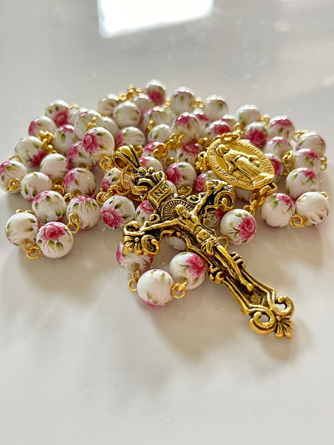 Handmade White With Pink Flower Patterned Rosary - Etsy
