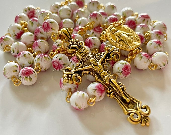 Handmade White With Pink Flower Patterned Rosary - Etsy