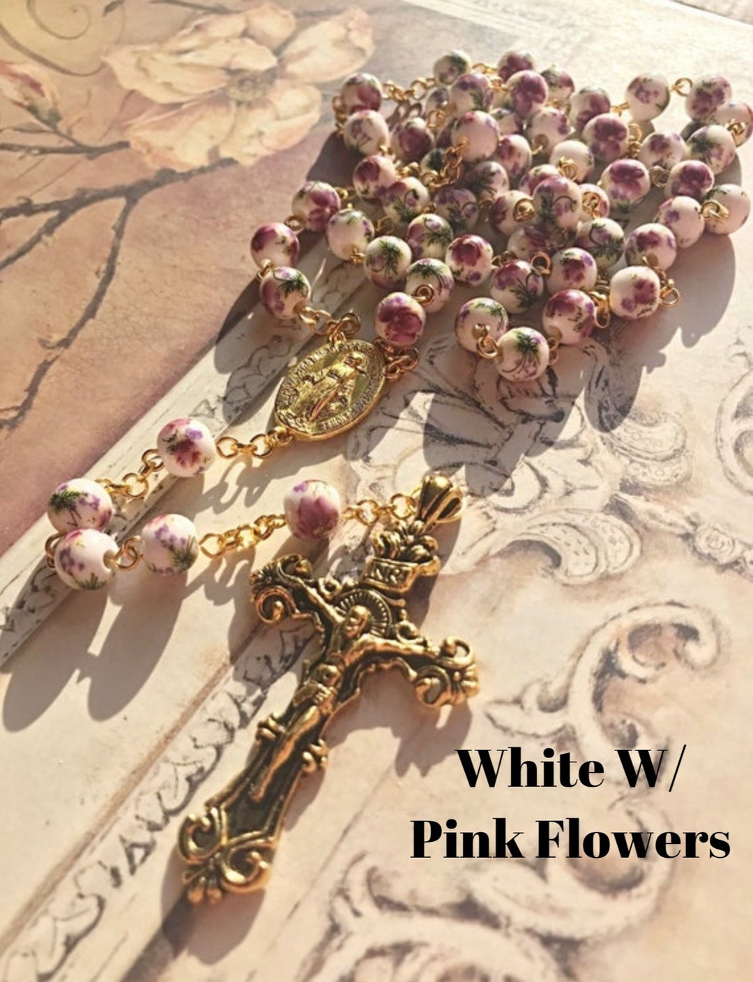 Handmade White With Pink Flower Patterned Rosary - Etsy