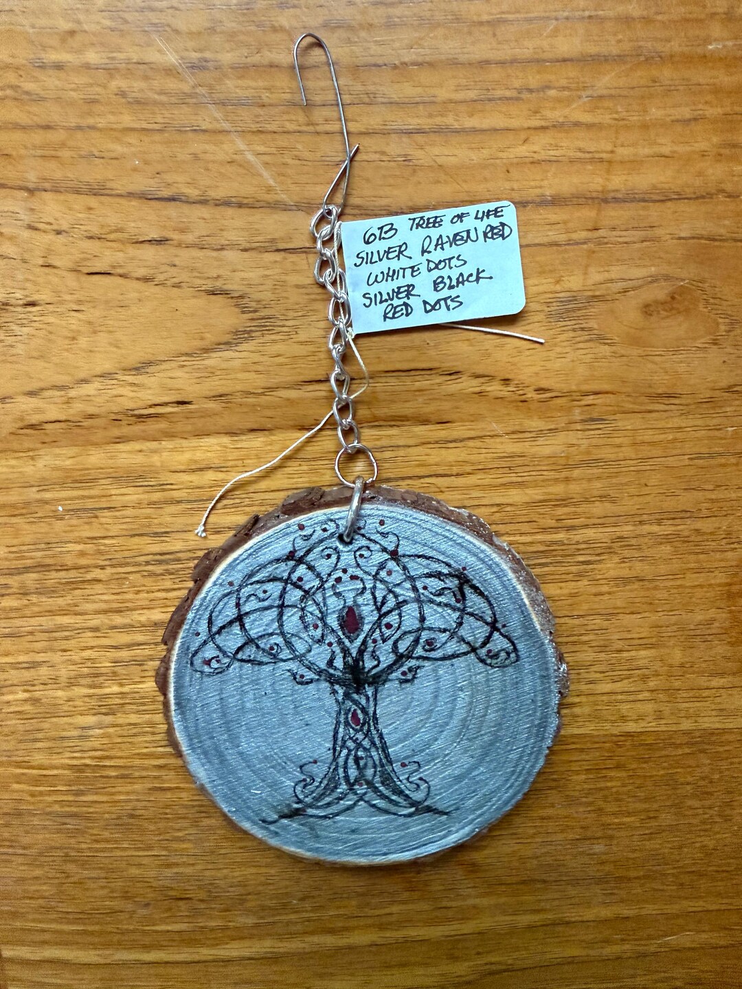 Hand Painted Tree of Life Ornament: Silver & Red Wood Slice - Etsy