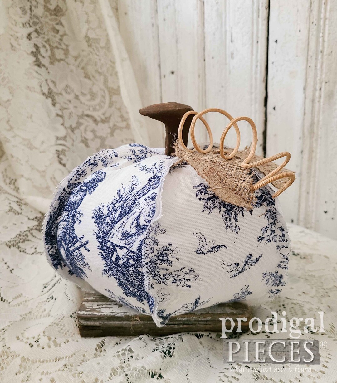 Fall Farmhouse Fabric Pumpkin Blue Toile Shabby Chic, Cottage Style ...