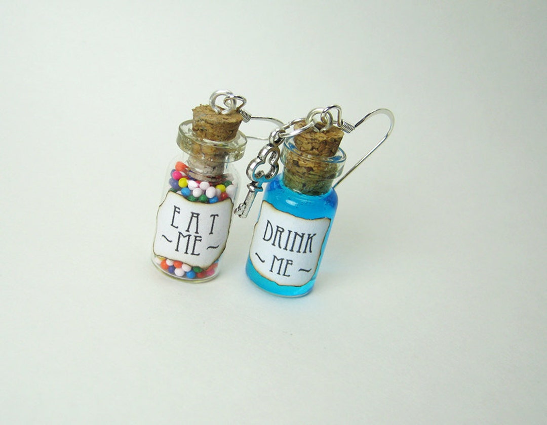 EAT Me & DRINK Me Alice in Wonderland 1ml Glass Bottle Charm Earrings ...