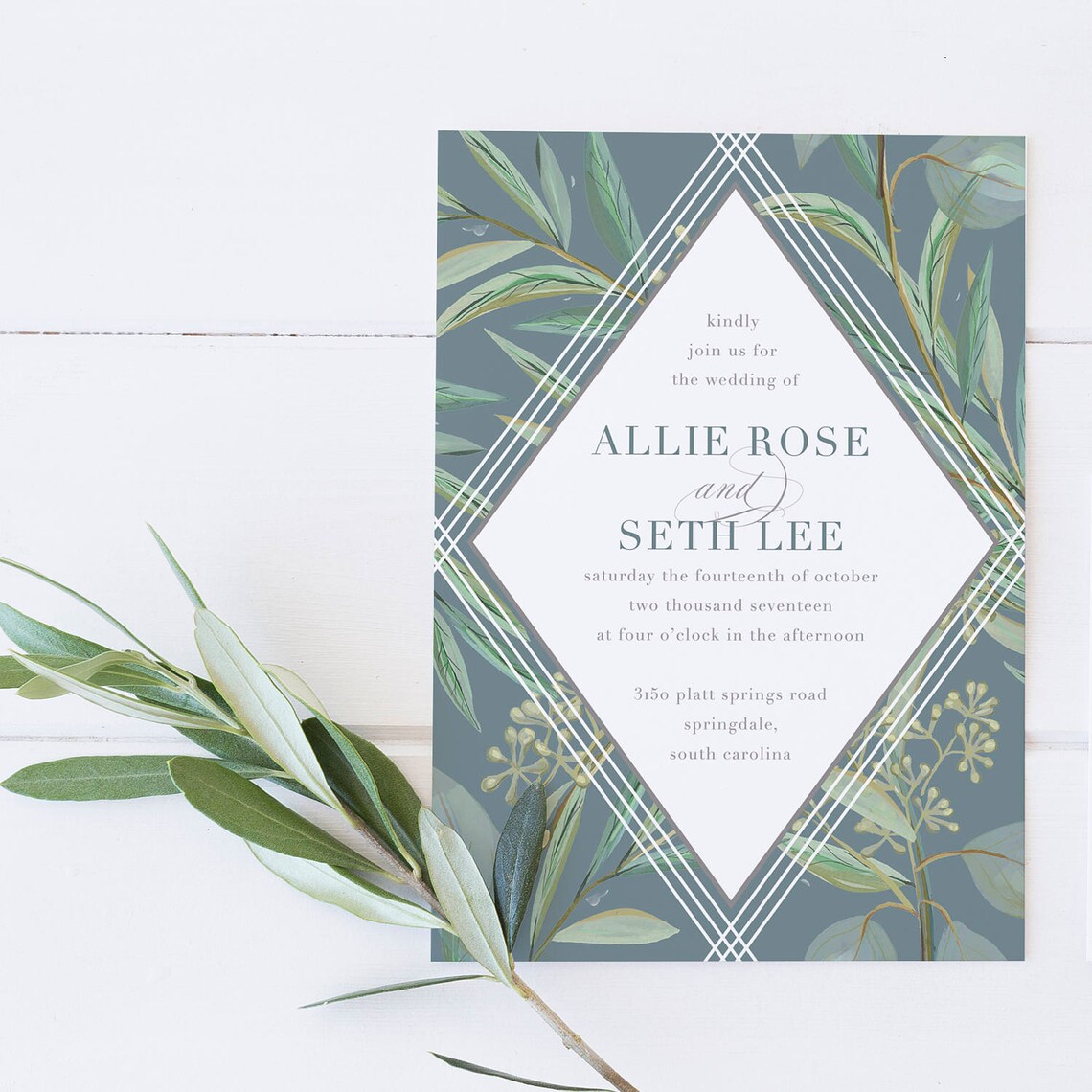 Diamond Shaped Dusty Blue and Greenery Wedding Invitation - Etsy