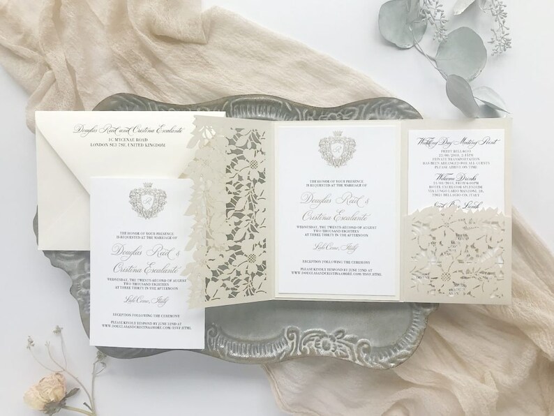 Formal Gold Engraved Wedding Invitations With Monogramed Crest - Etsy