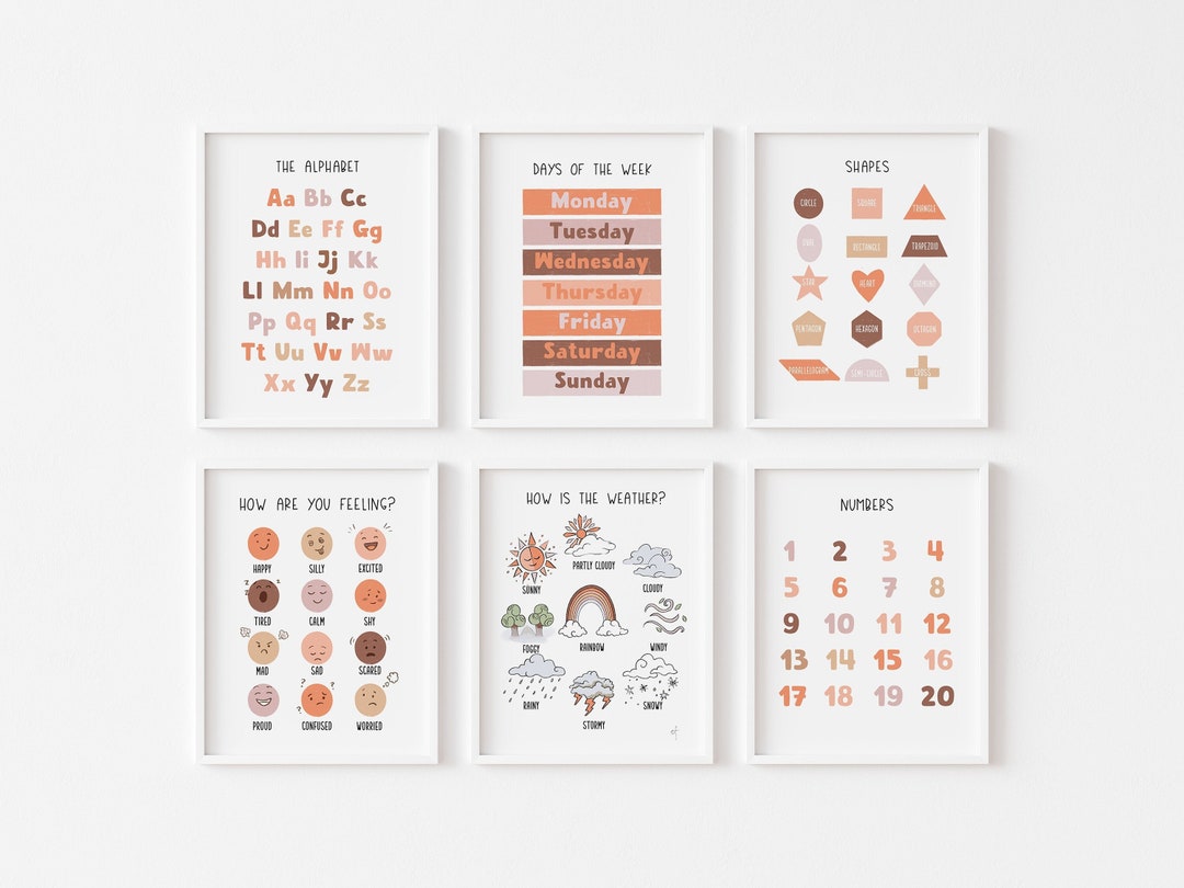 Boho Set of 6 Educational Posters, Boho Playroom Wall Decor, Boho ...