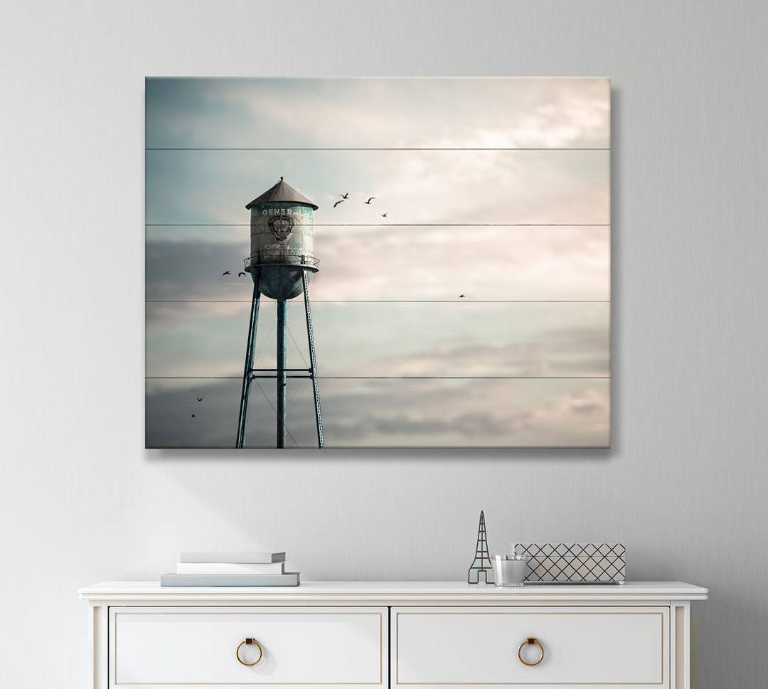 Aqua Water Tower Wood Plank Art: Farmhouse Rustic Decor - Etsy