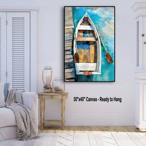 Rustic Wooden Boat Painting Canvas Print, Coastal Wall Art Lake House ...