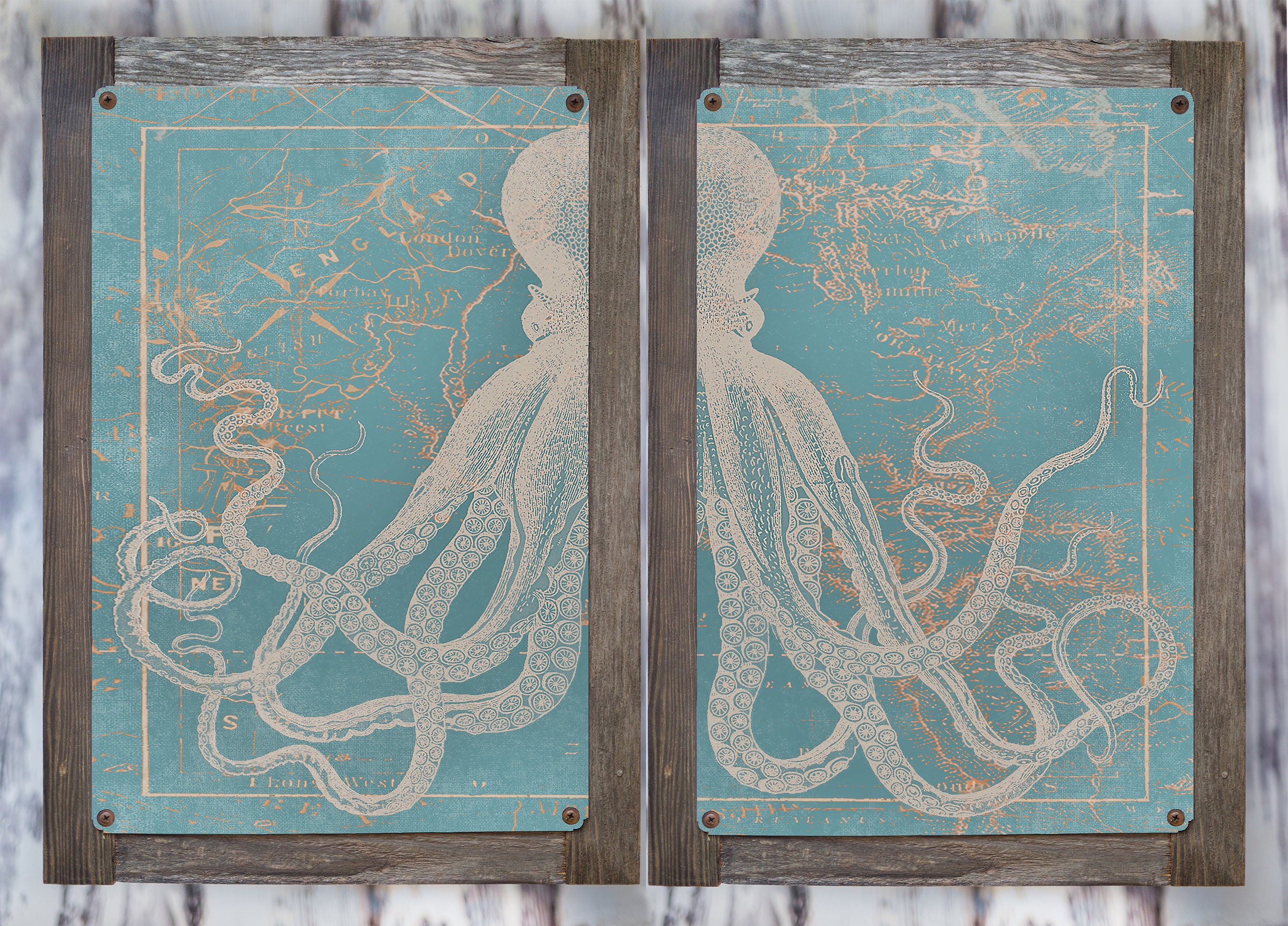 Framed Metal Print Octopus Decor Nautical Teal Aqua Decor - Etsy