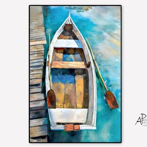 Rustic Wooden Boat Painting Canvas Print, Coastal Wall Art Lake House ...