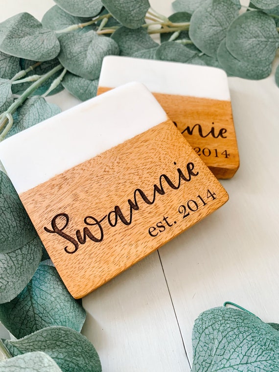 Custom wedding gift Custom marble and acacia wood coasters Personalized ...