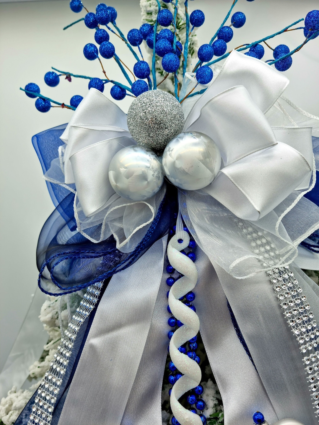 Christmas Bow Tree Topper Beautiful Blue White and Silver - Etsy