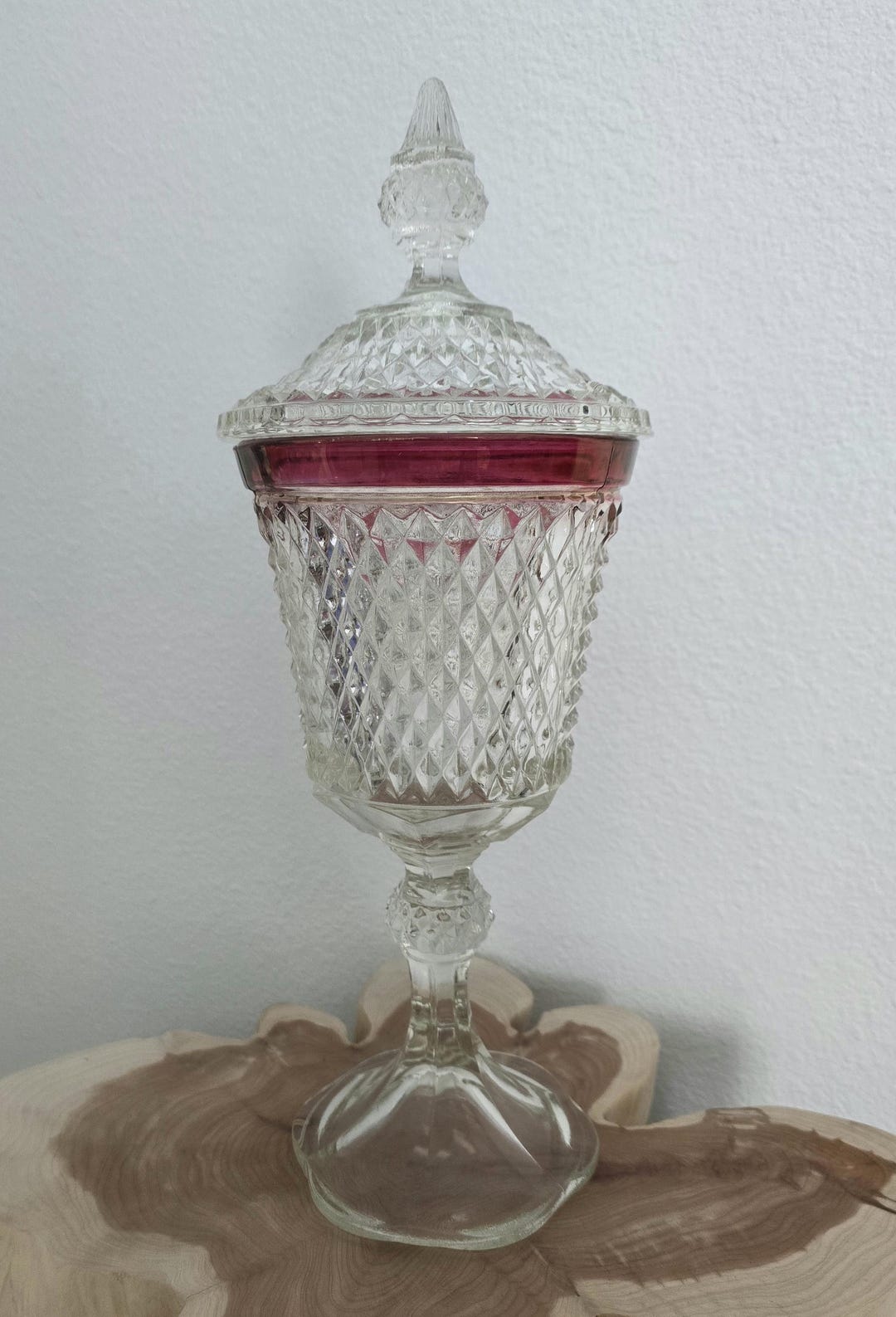 Indiana Glass-diamond Point Clear Ruby Flash Candy Dish| Clear Diamond ...