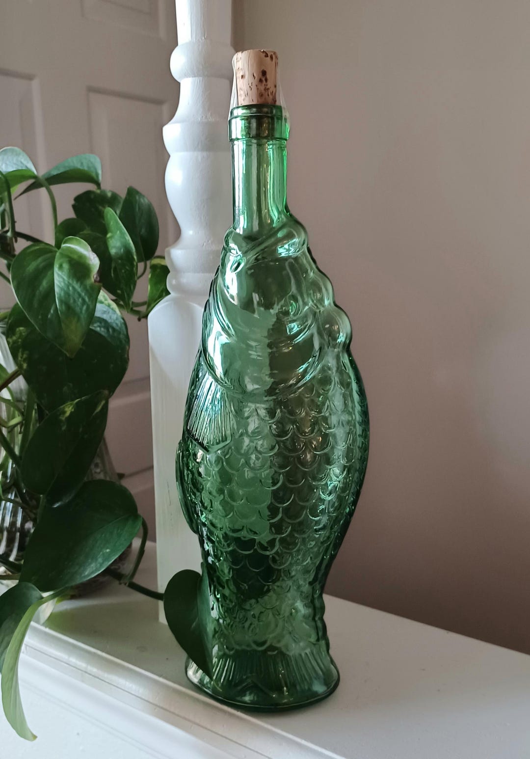 Vintage Italian Green Glass Fish Bottle With Cork. - Etsy
