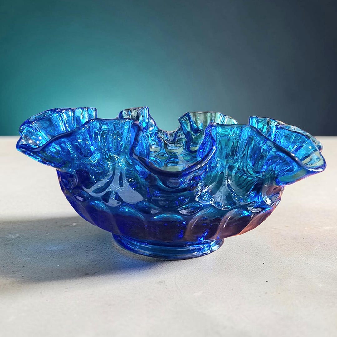 Fenton Art Glass Bowl in Colonial Blue Thumbprint Pattern With a ...