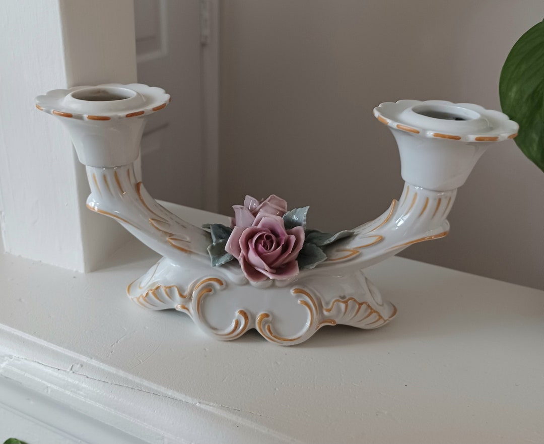 1950's Capodimonte Porcelain Candelabra, Double Candle Holder Roses 8 ...