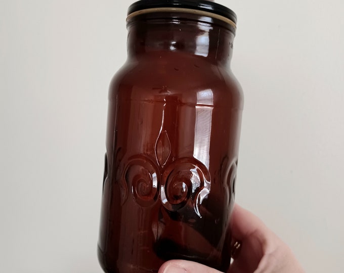 1970's Borden Cremora Amber Glass Canister, Apothecary Jar Fleur-de-lis ...