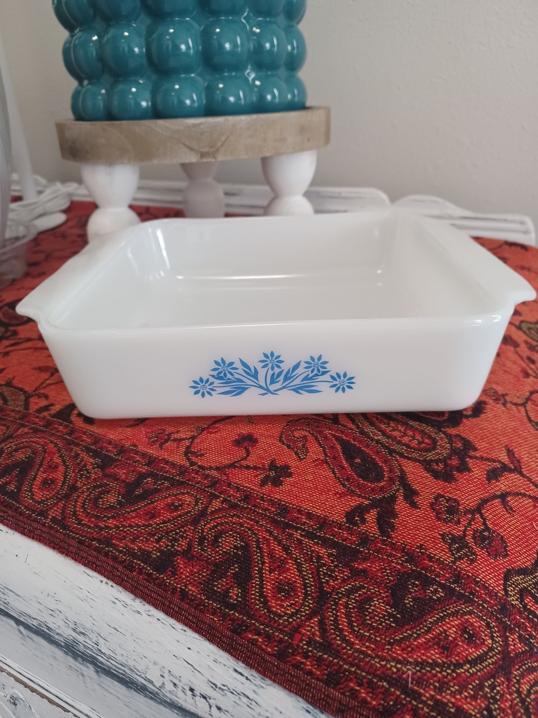 Vintage Fire King Blue Flower Square Milk Glass Dish #435, 8" Square ...
