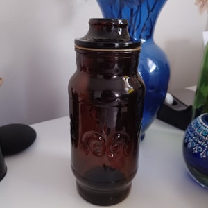 1970's Borden Cremora Amber Glass Canister, Apothecary Jar Fleur-de-lis ...