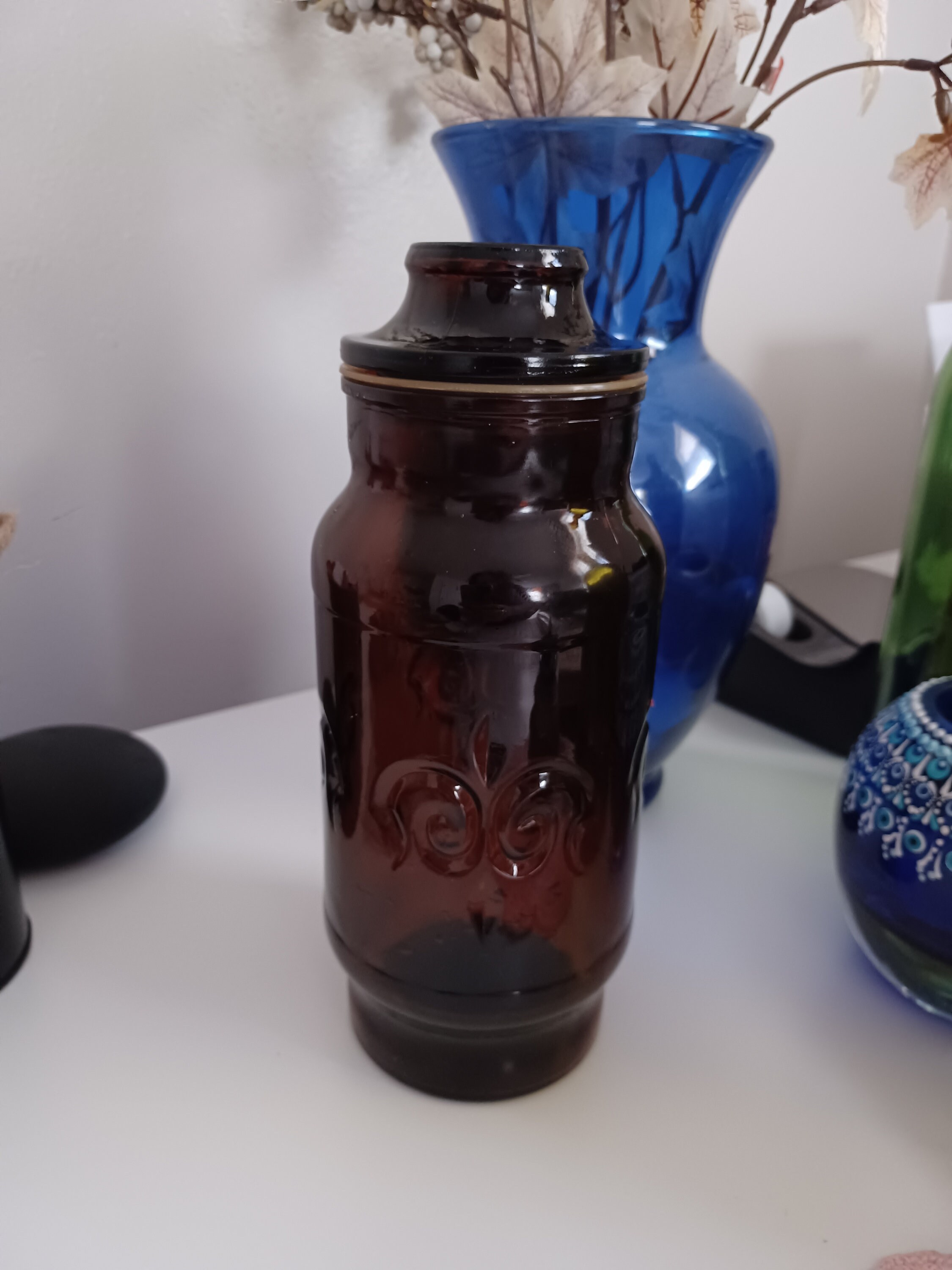 1970's Borden Cremora Amber Glass Canister, Apothecary Jar Fleur-de-lis ...