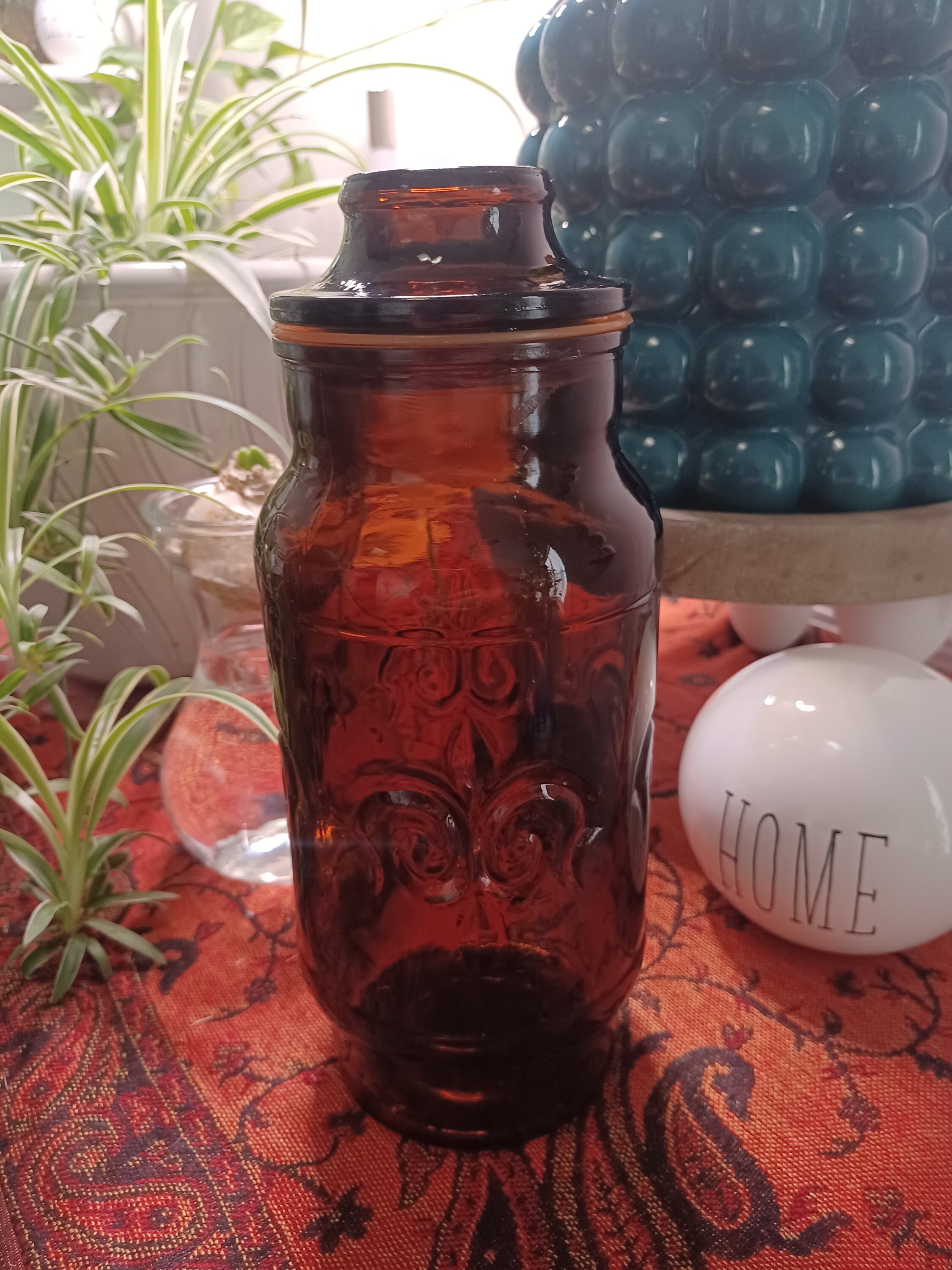 1970's Borden Cremora Amber Glass Canister, Apothecary Jar Fleur-de-lis ...